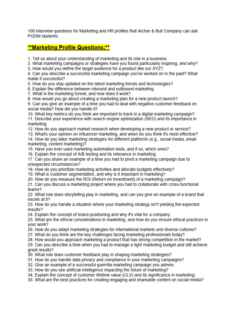 Interview Questions For Archer & Bull | PDF | Marketing | Employment