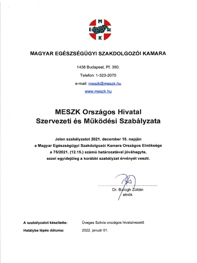SZMSZ MESZK Orszagos Hivatalanak Szervezeti Es Mukodesi Szabalyzata | PDF