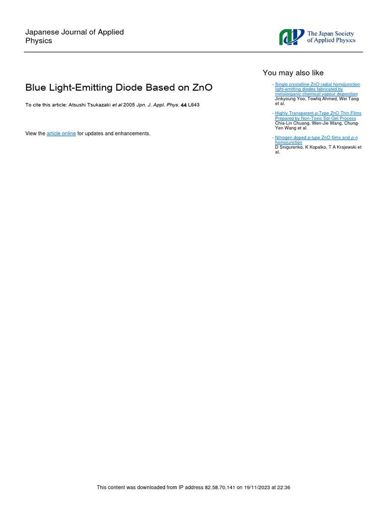 Blue Light-Emitting Diode Based On ZnO | PDF | Zinc Oxide | Spectral Line