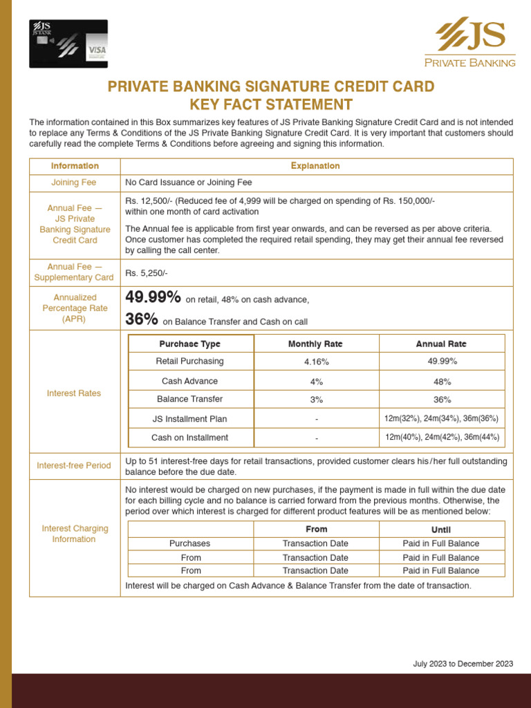 Private-Banking-Signature-July-Dec-23 JS Bank | PDF | Credit Card | Fee