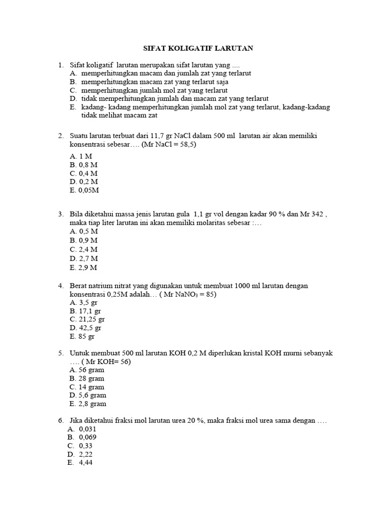 Soal Dan Jawaban Sifat Koligatif Larutan | PDF