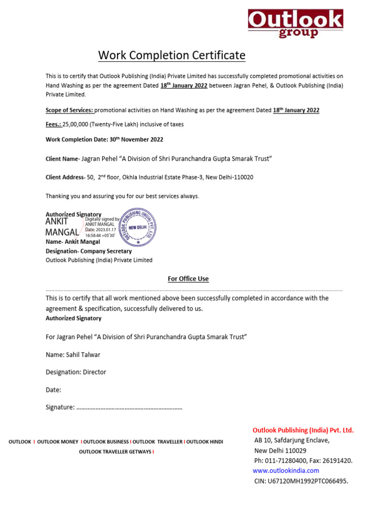 Work Completion Certificate | PDF