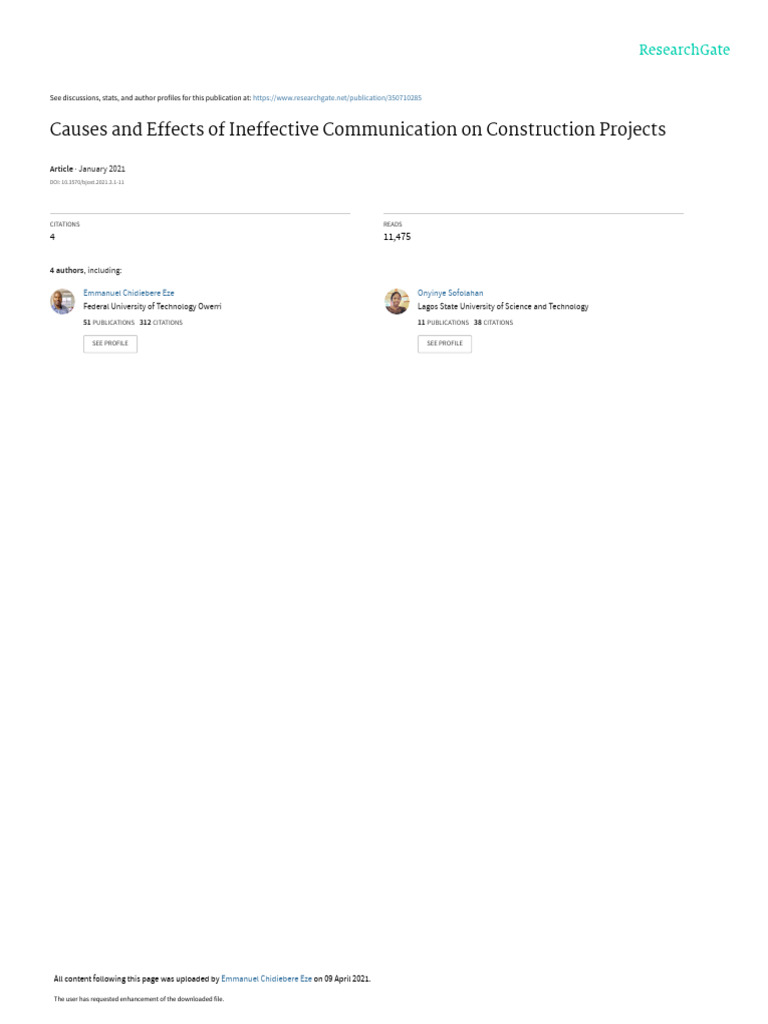 Causes and Effects of Ineffective Communication On Construction ...