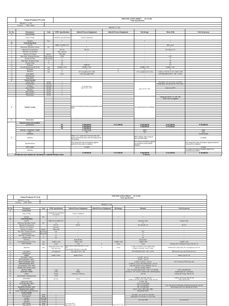Tank Comparision Sheet | PDF | Pipe (Fluid Conveyance) | Pro Forma
