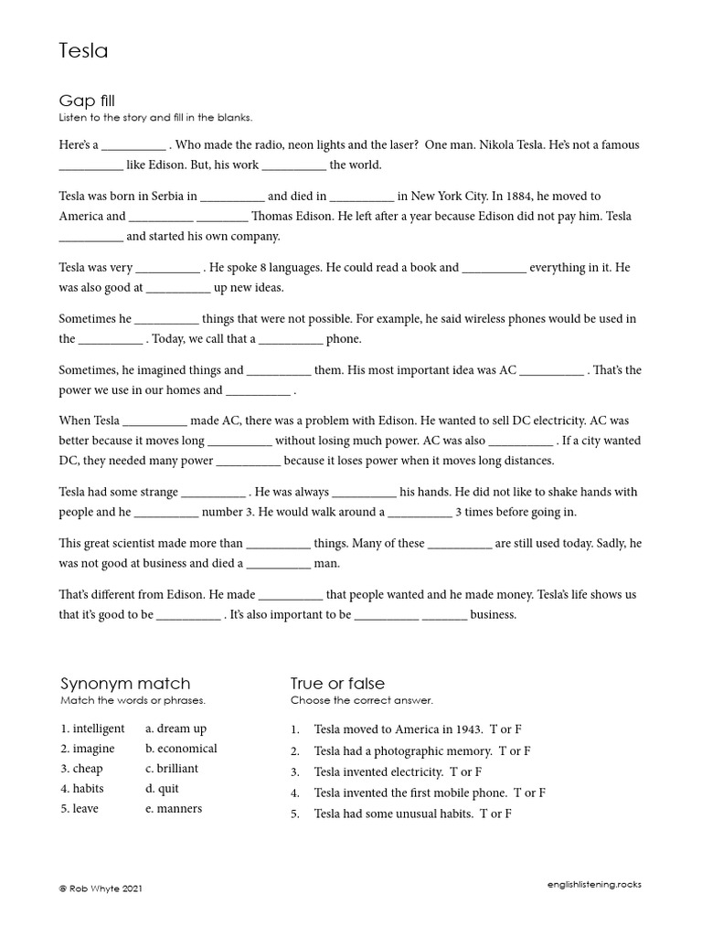 Esl Worksheet Tesla | PDF | Nikola Tesla | Thomas Edison