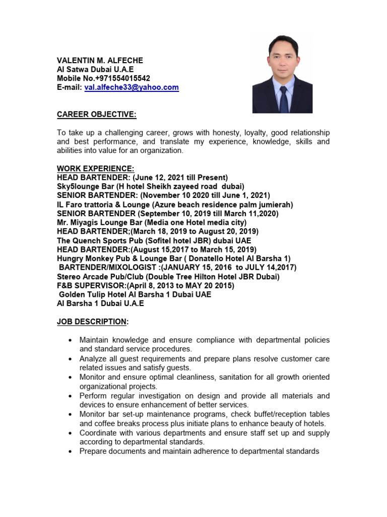 cv | PDF | Bartender | Bar (Establishment)