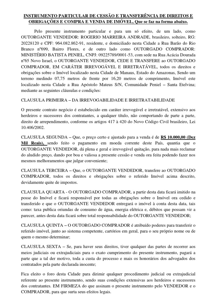 Instrumento Particular De Cessão E Transferência De Direitos E