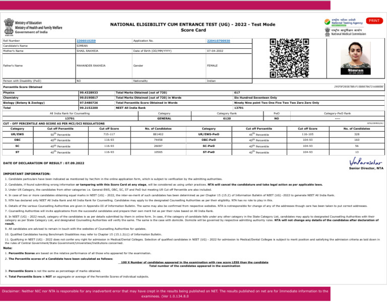 NTA Result | PDF | Student Assessment And Evaluation | Qualifications