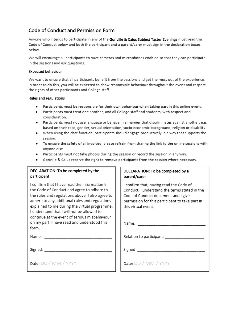 Code of Conduct Form For Taster Evening | PDF | Career & Growth | Business