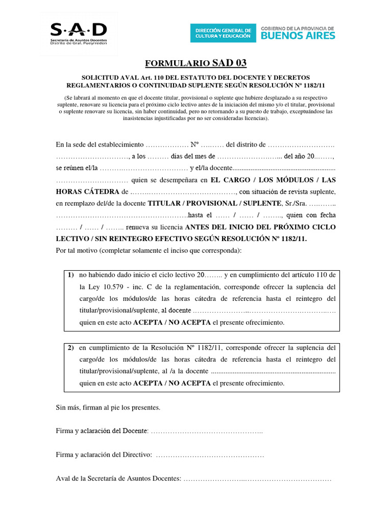 Form SAD 03 Aval Art 110 - Continuidad Suplente | PDF