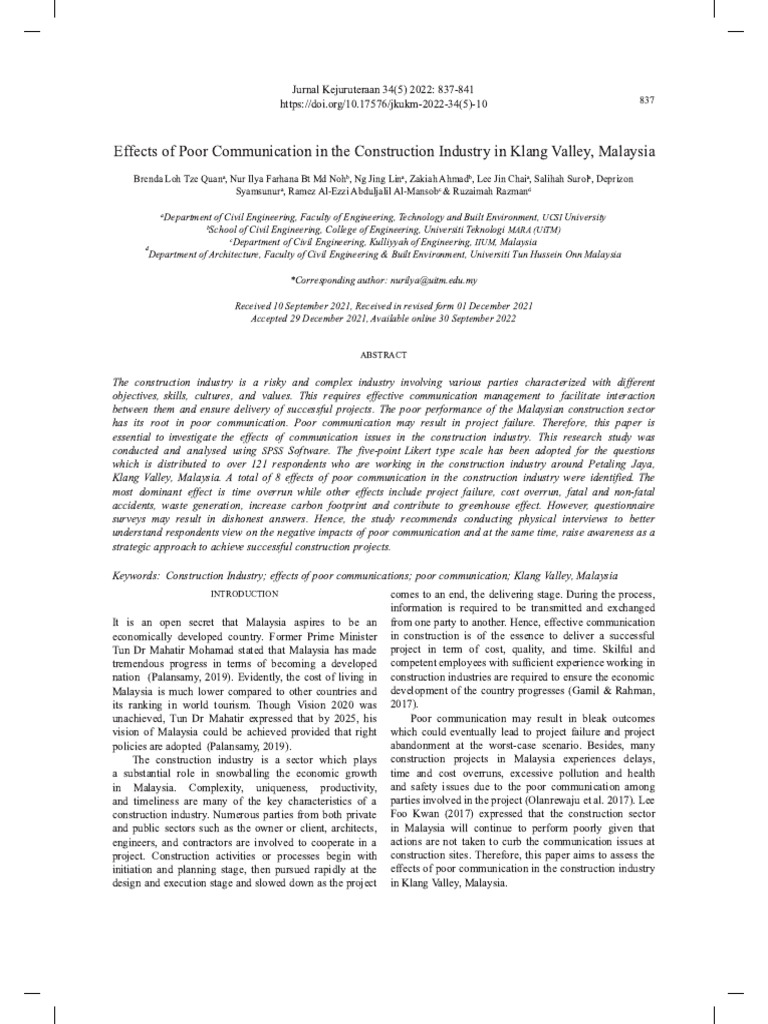 Effects of Poor Communication in The Construction Industry in Klang ...