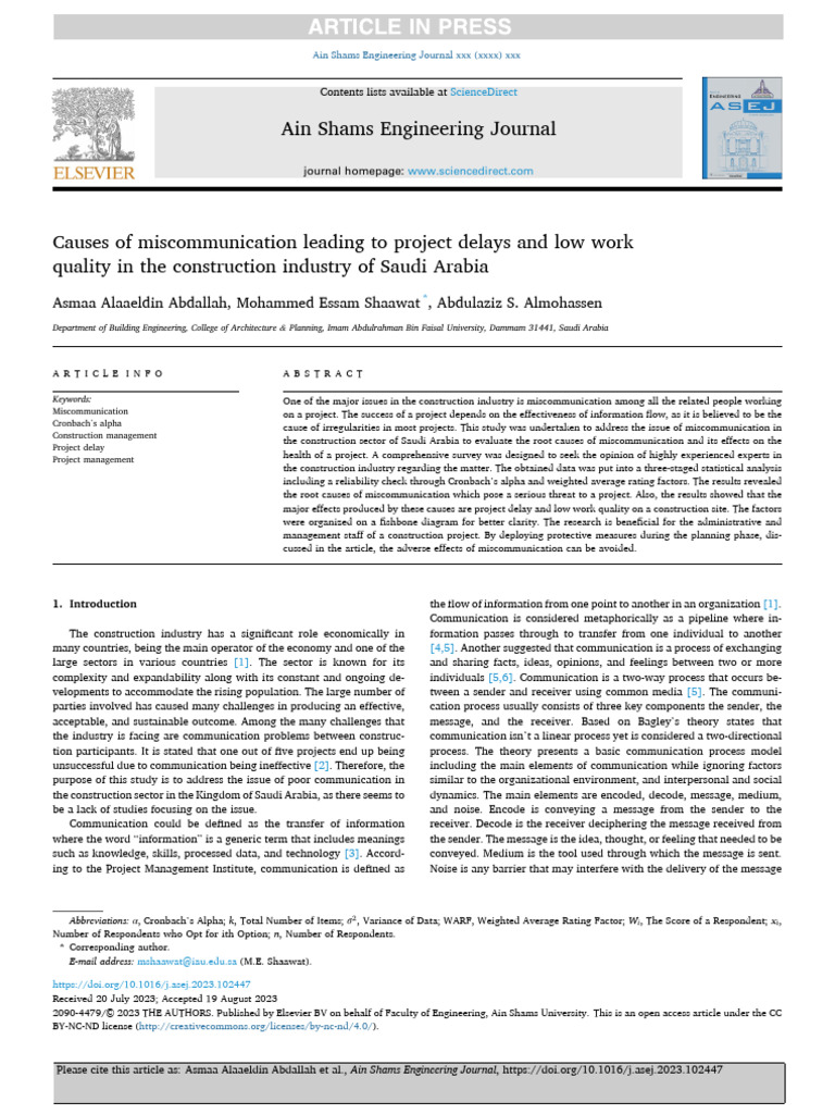 Miscommunication in Saudi Construction | PDF | Communication | Cronbach ...