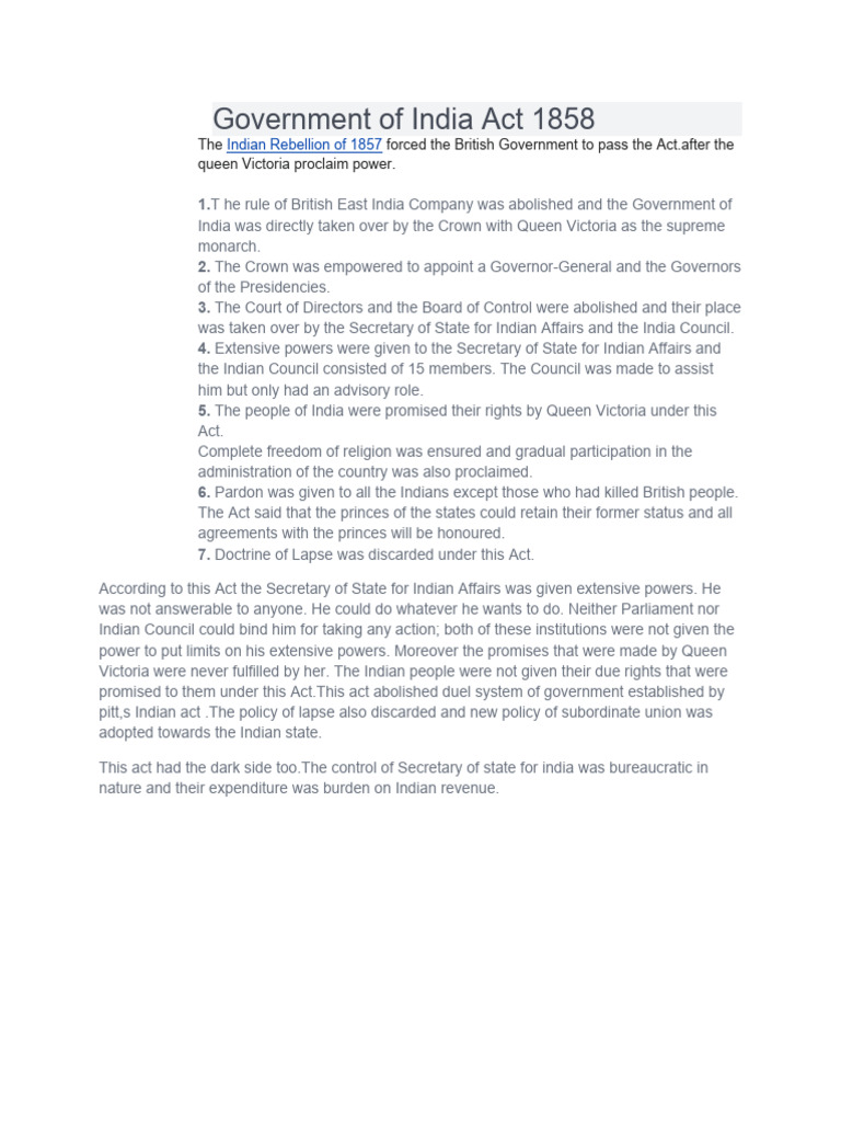 Government of India Act 1858 | PDF