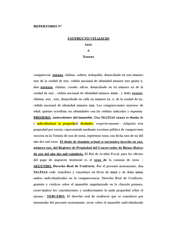 Formato Usufructo | PDF | Propiedad | Justicia