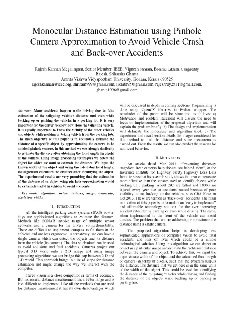 Monocular Distance Estimation Using Pinhole Camera Approximation To Avoid Vehicle Crash And Back