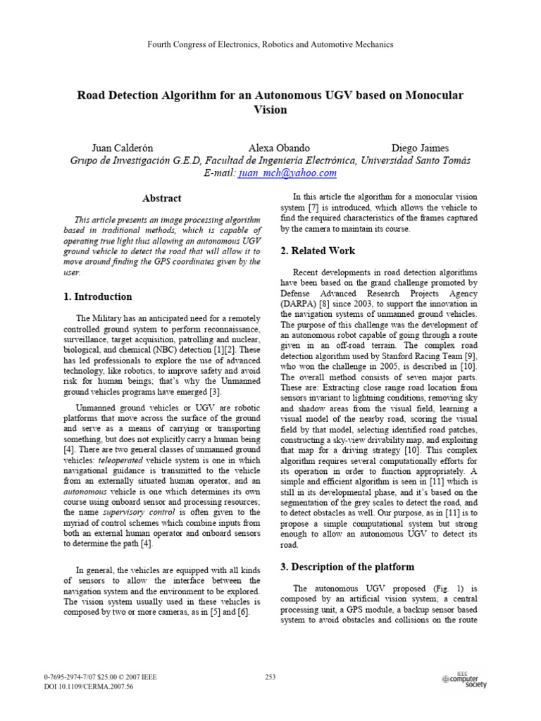 Road Detection Algorithm For An Autonomous Ugv Based On Monocular
