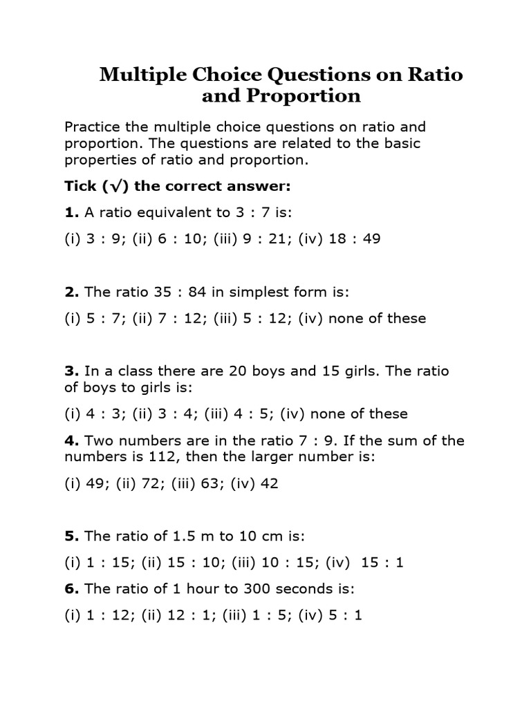 MCQs on Ratio and Proportion | PDF | Length | Ratio
