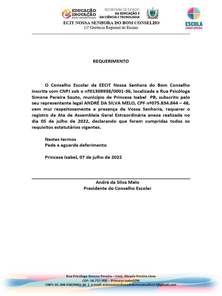 Requerimento Do Conselho Escolar Atualizado | PDF | Estilo de vida