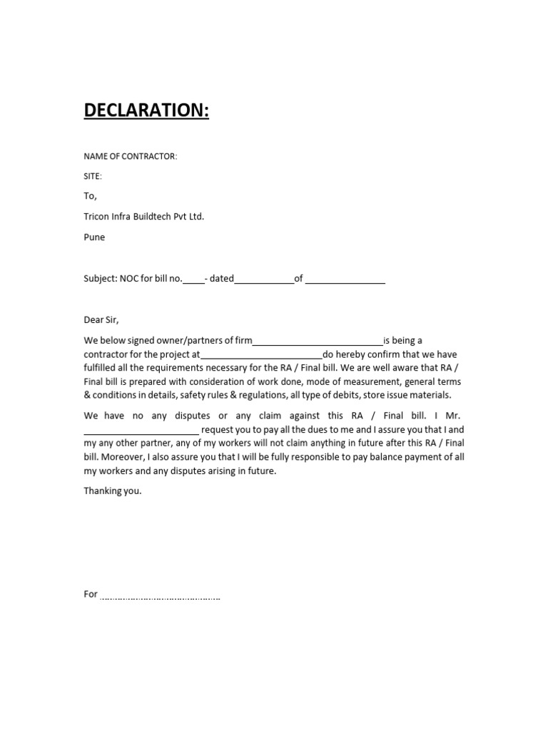 NOC and No Claim Declaration for Contractors | PDF | Private Law ...
