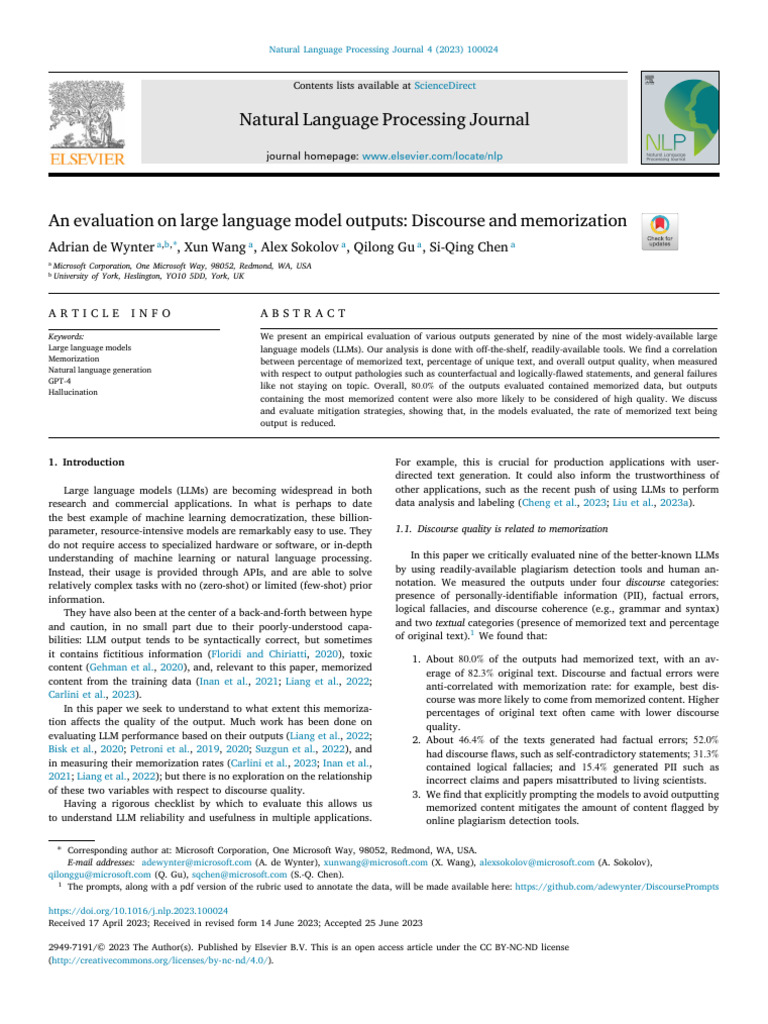 An Evaluation On Large Language Model Outputs - Discourse and Memorization | PDF | Information ...