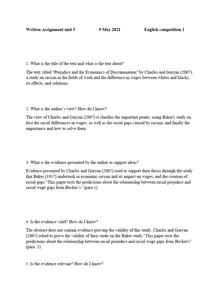 Writting Assignment Unit 5 | PDF | Racism | Discrimination & Race Relations Writting Assignment Unit 5 | PDF | Racism | Discrimination & Race Relations