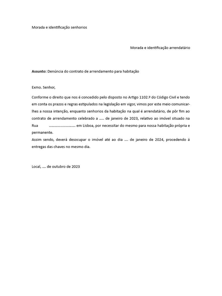 Carta Rescisão Contrato Arrendamento | PDF | Direito | Casa e Jardim