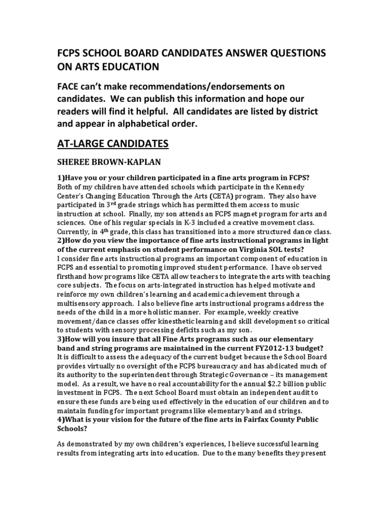 Fcps School Board Candidates Answer Questions On Arts Education-1 | PDF ...