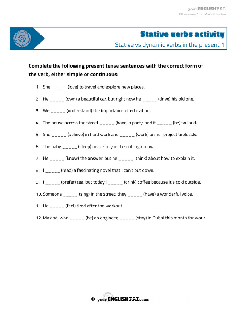 Your English Pal Grammar Worksheet Stative Vs Dynamic Verbs Present 1 ...