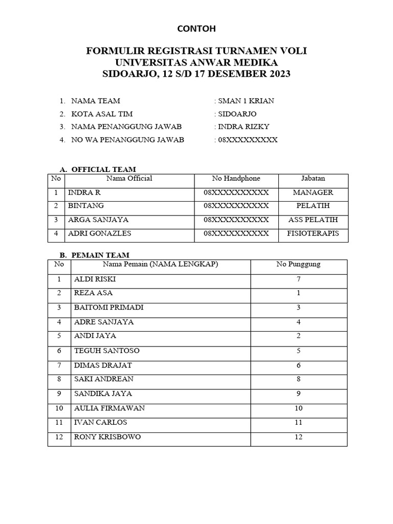 Contoh Formulir Registrasi Turnamen Voli | PDF
