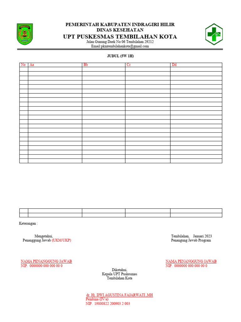 Landscape Tabel Kegiatan Puskesmas TBH Kota | PDF