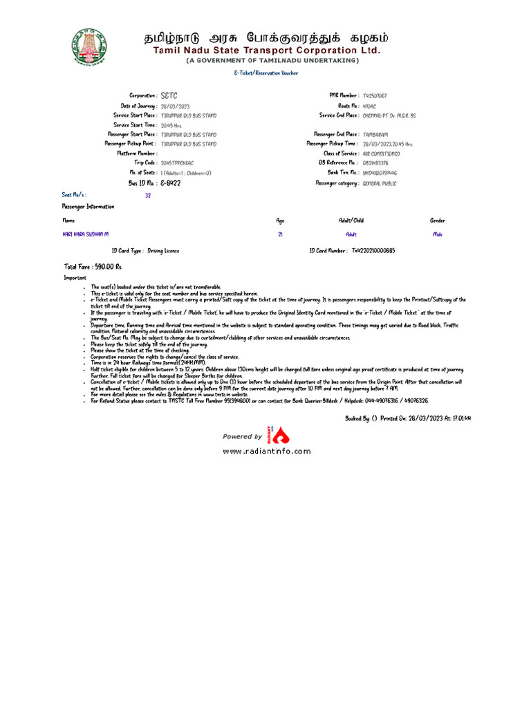 TNSTC | PDF | Ticket (Admission) | Identity Document