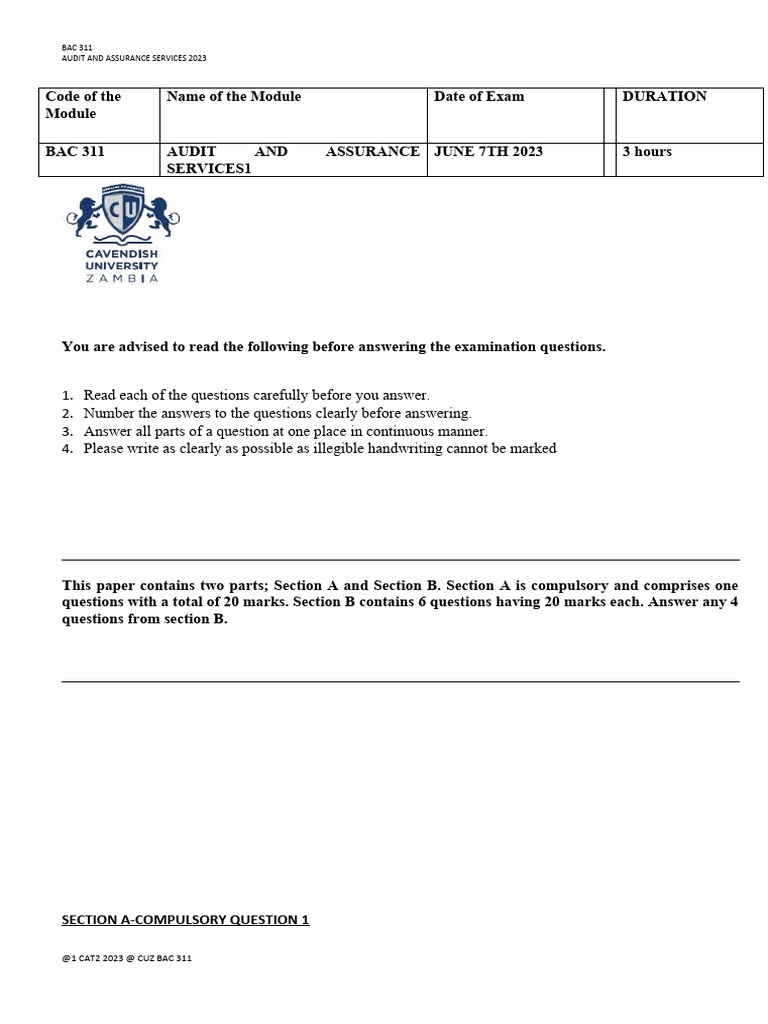 BAC 311 AUDIT Final EXAM 2023 | PDF | Internal Control | Audit