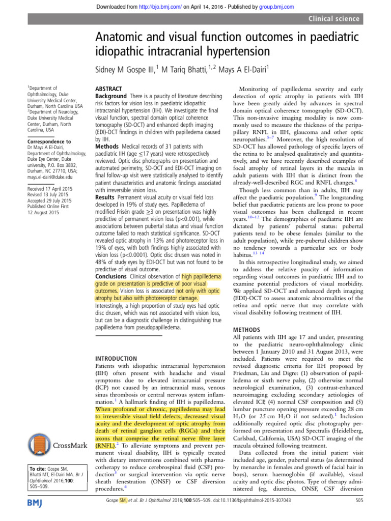 Pediatric IIH: Visual Outcomes & Risks | PDF | Retina | Visual Impairment