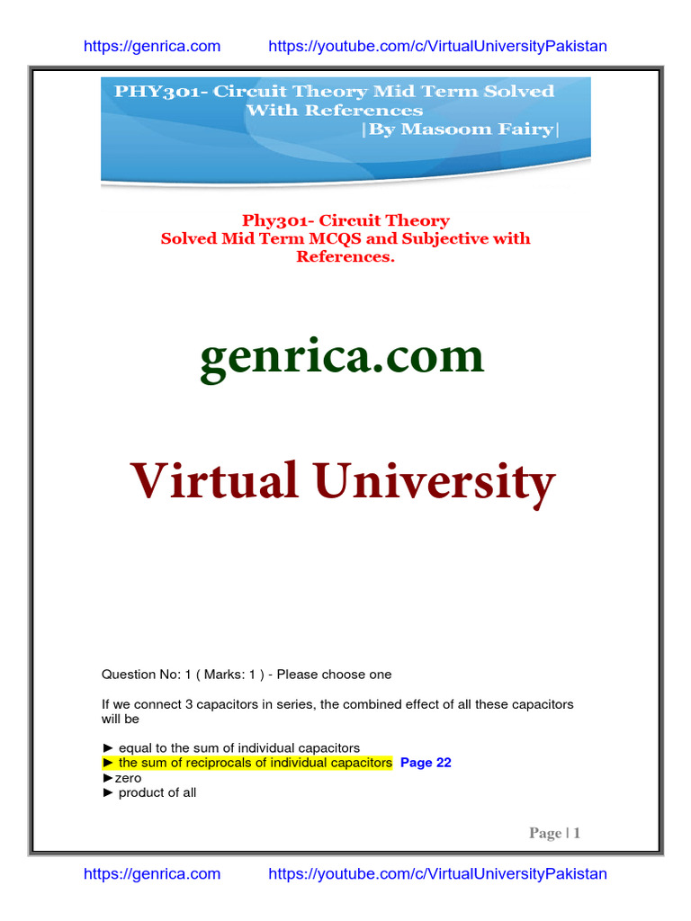 Phy301 Solvedmidtermpaperswithreferencebymasoomfai | PDF | Electric Current | Voltage