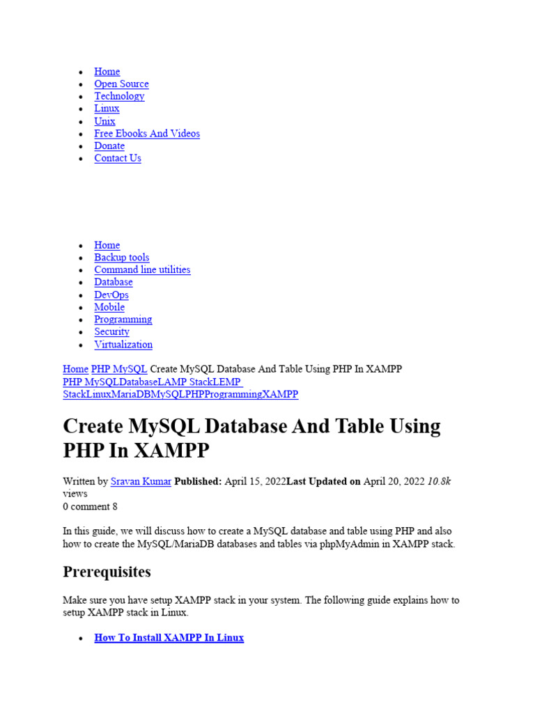 Create Mysql Database And Table Using Php In Xampp Prerequisites Pdf Databases Php 