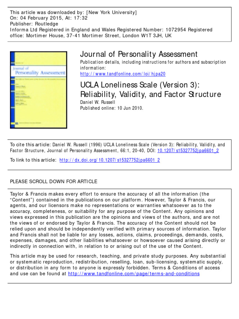 UCLA Loneliness Scale (Version 3) Reliability, Validity, and Factor Structure | PDF ...