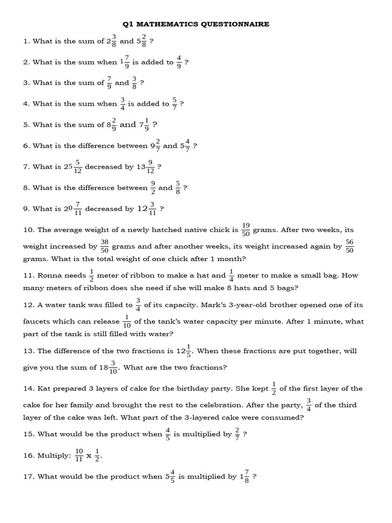 q1 Mathematics Questionnaire | PDF