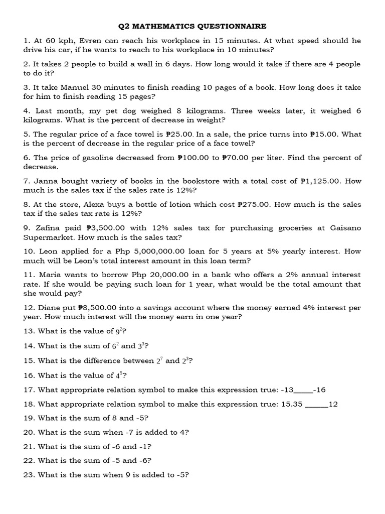 q2 Mathematics Questionnaire | PDF