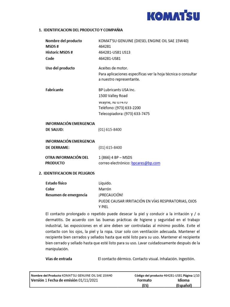 MSDS - KOMAT'SU GENUINE (DIESEL ENGINE OIL SAE 15W40) - Actualizada ...