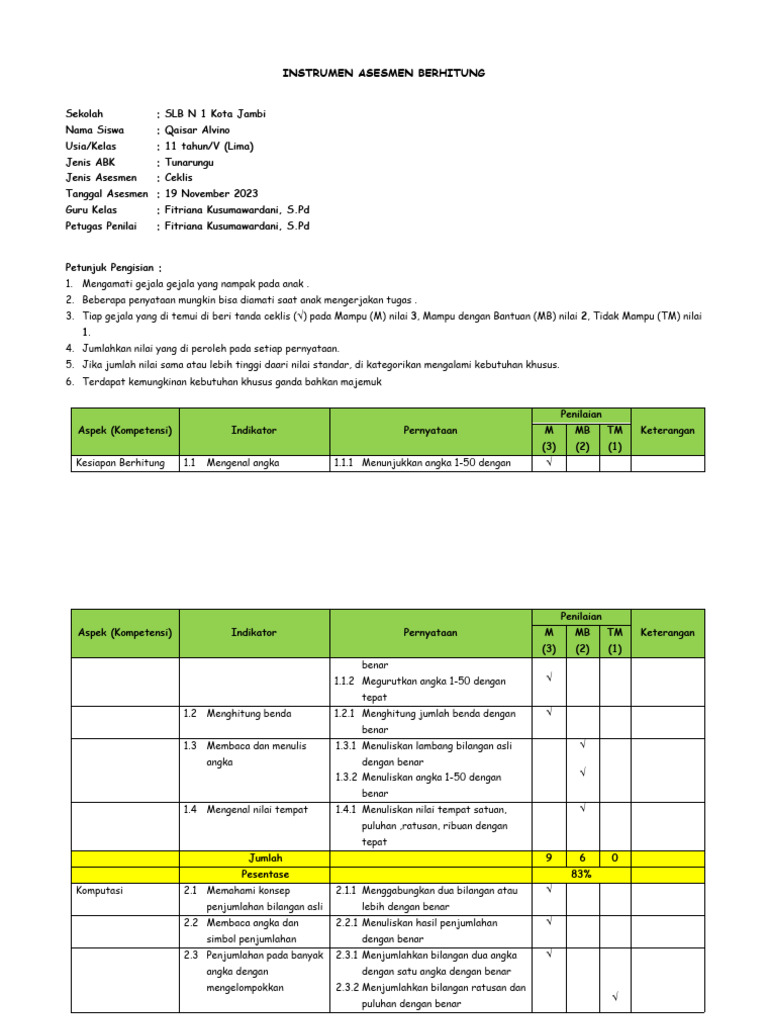 Instrumen Asesmen Berhitung | PDF