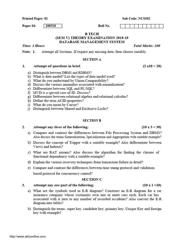 Dbms University Paper 18-19 | PDF | Relational Model | Databases