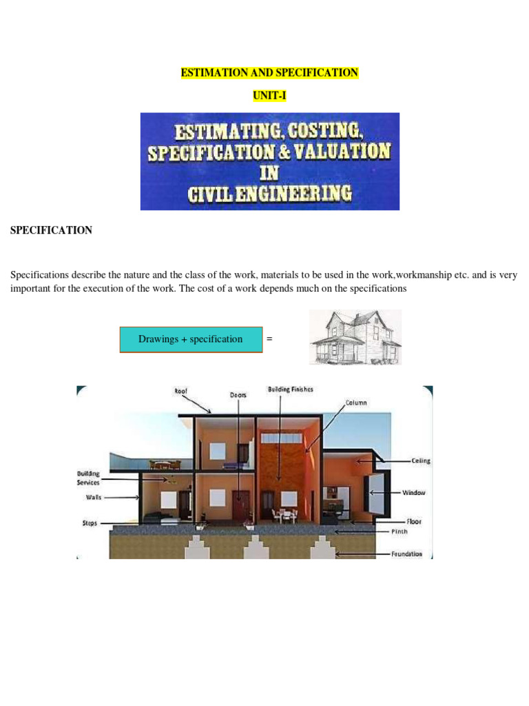 ESTIMATION AND SPECIFICATION Unit-1 | PDF | Specification (Technical Standard) | Concrete