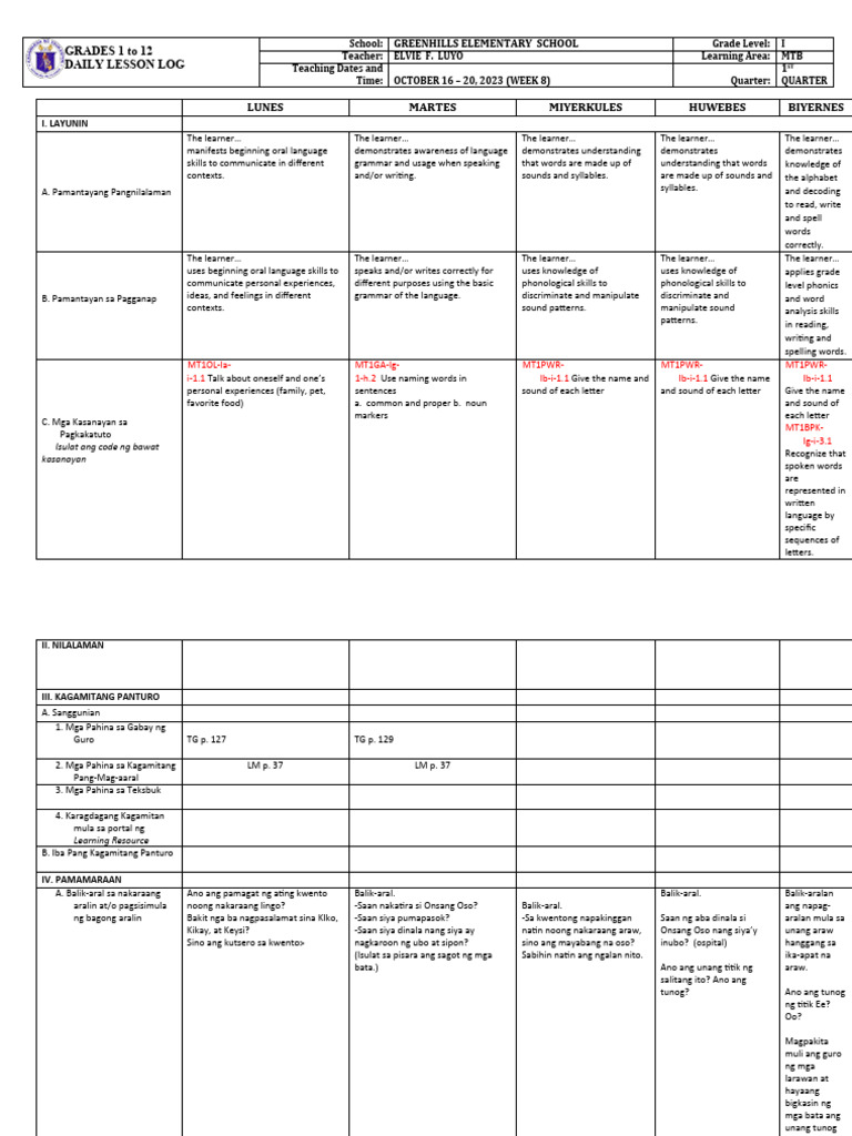 DLL - MTB 1 - Q1 - W8 | PDF | Writing | Human Communication