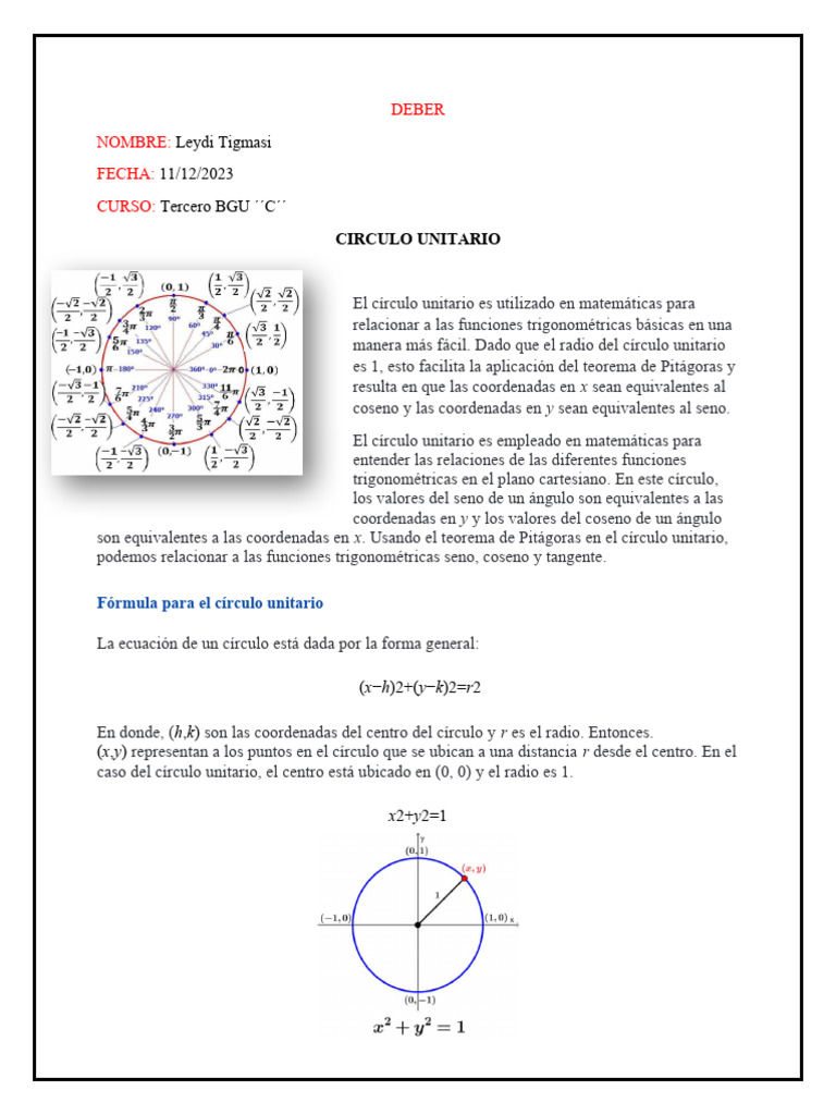 circulo unitario | PDF | Funciones trigonométricas | Trigonometría