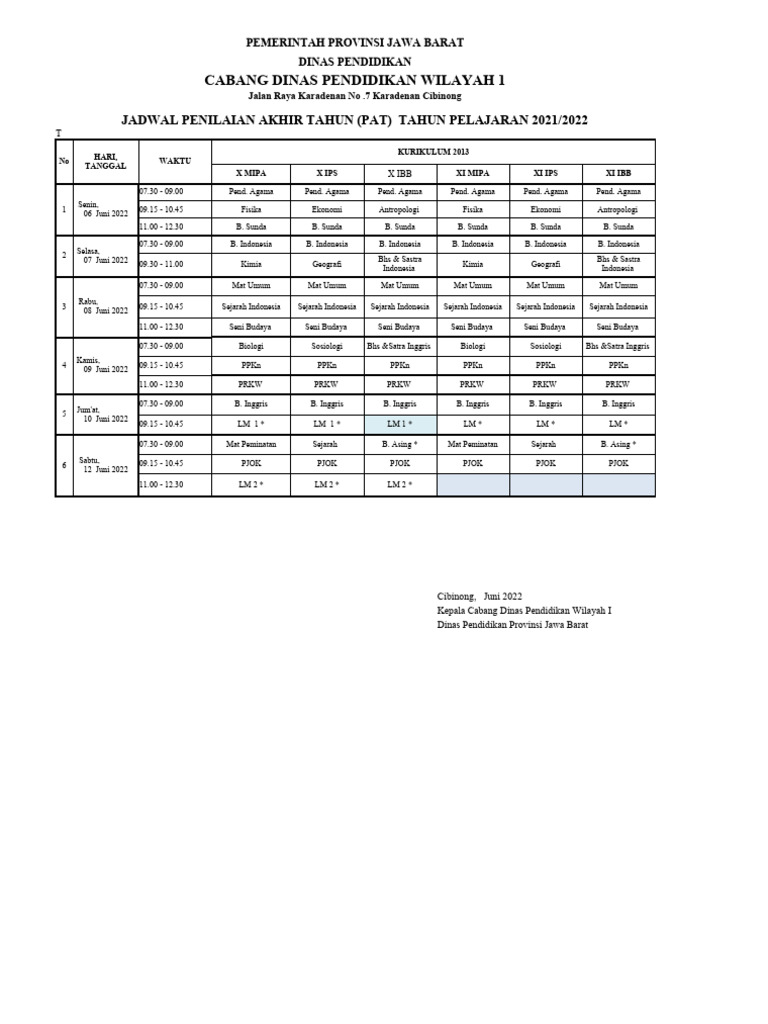 Jadwal Pat 2021-2022 - Fin | PDF