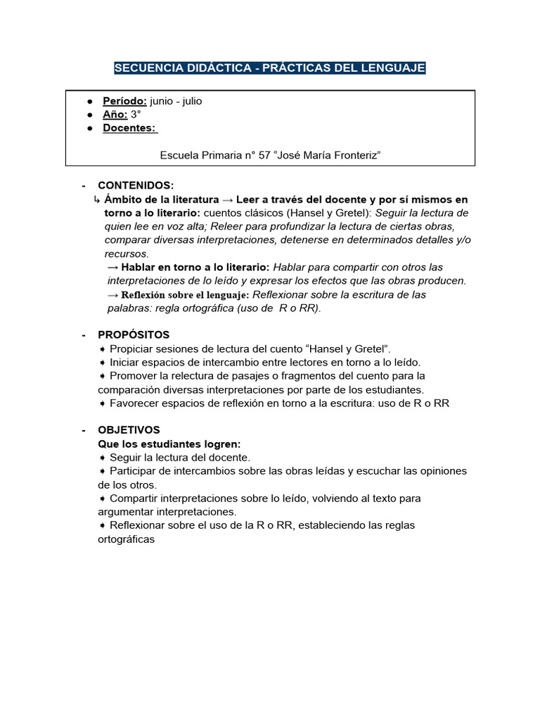 Secuencia Didactica - Hansel y Gretel | PDF | Hansel y Gretel | Hansel ...