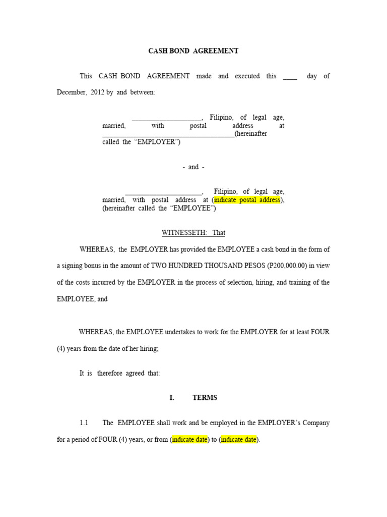 Cash Bond Agreement | PDF | Employment | Private Law