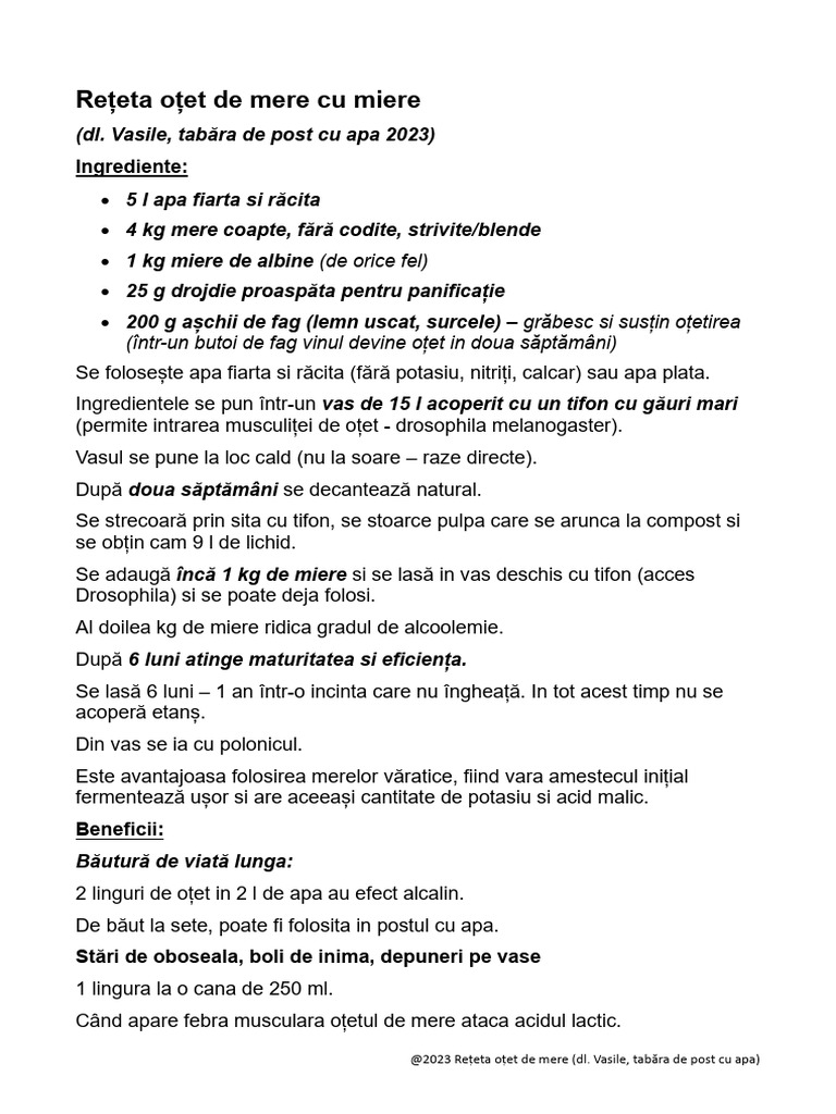 Rețeta Oțet de Mere (Dl. Vasile, Tabăra de Post Cu Apa 2023) | PDF