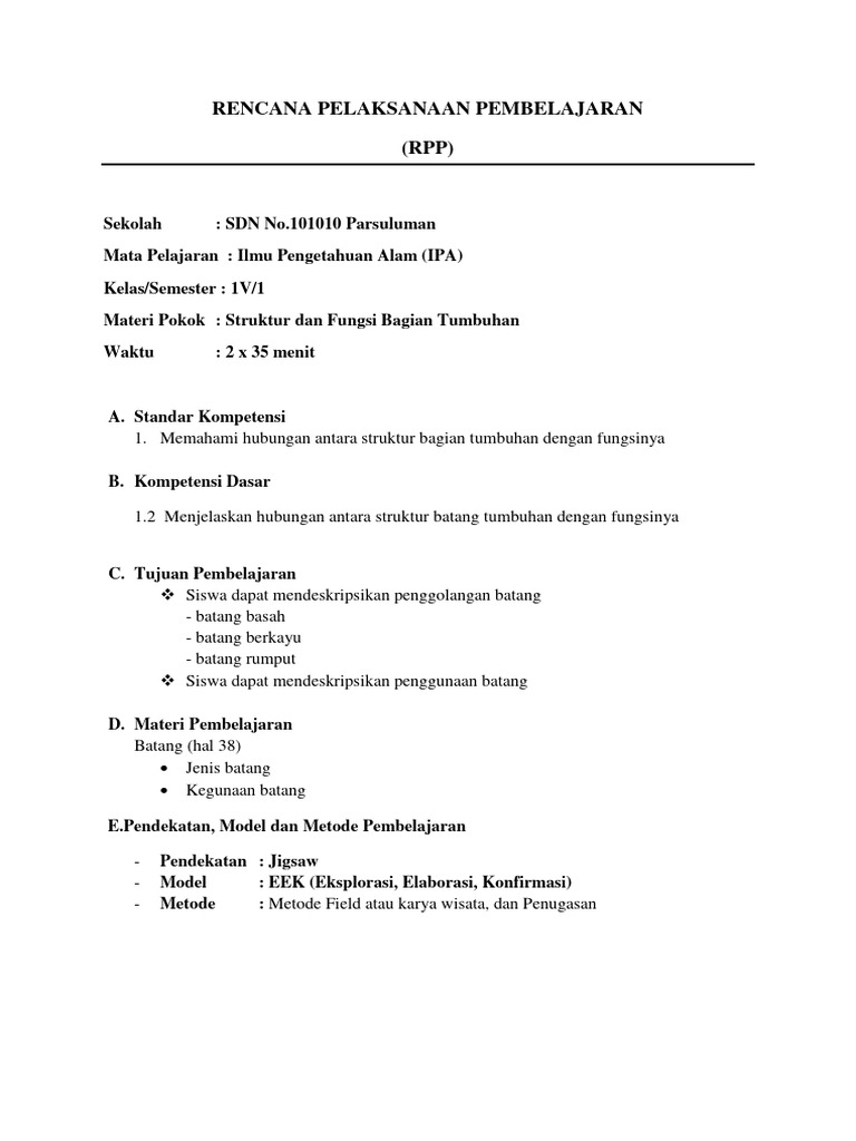 RPP Struktur Dan Fungsi Bagian Tumbuhan | PDF