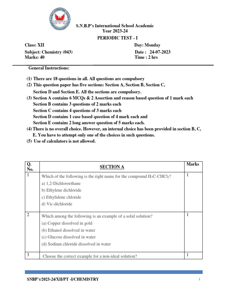 12th chem PT - 1 paper (3) (1) | PDF 12th chem PT - 1 paper (3) (1) | PDF
